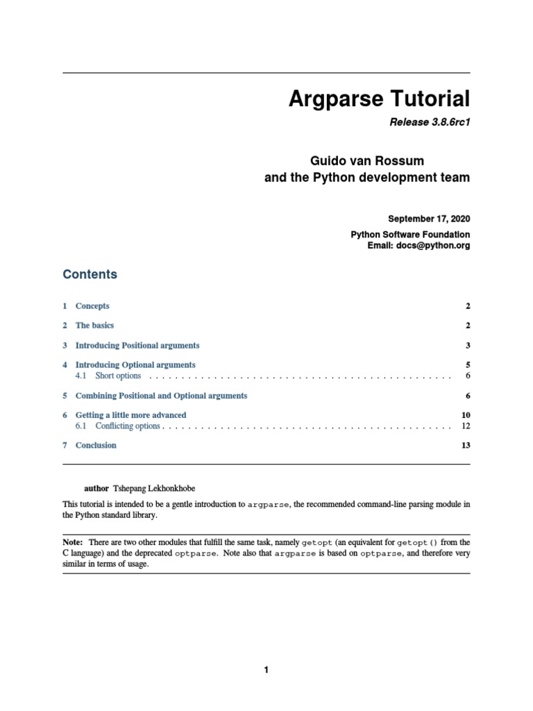 Argparse Tutorial: Guido Van Rossum and The Python Development Team | PDF | Parameter (Computer ...