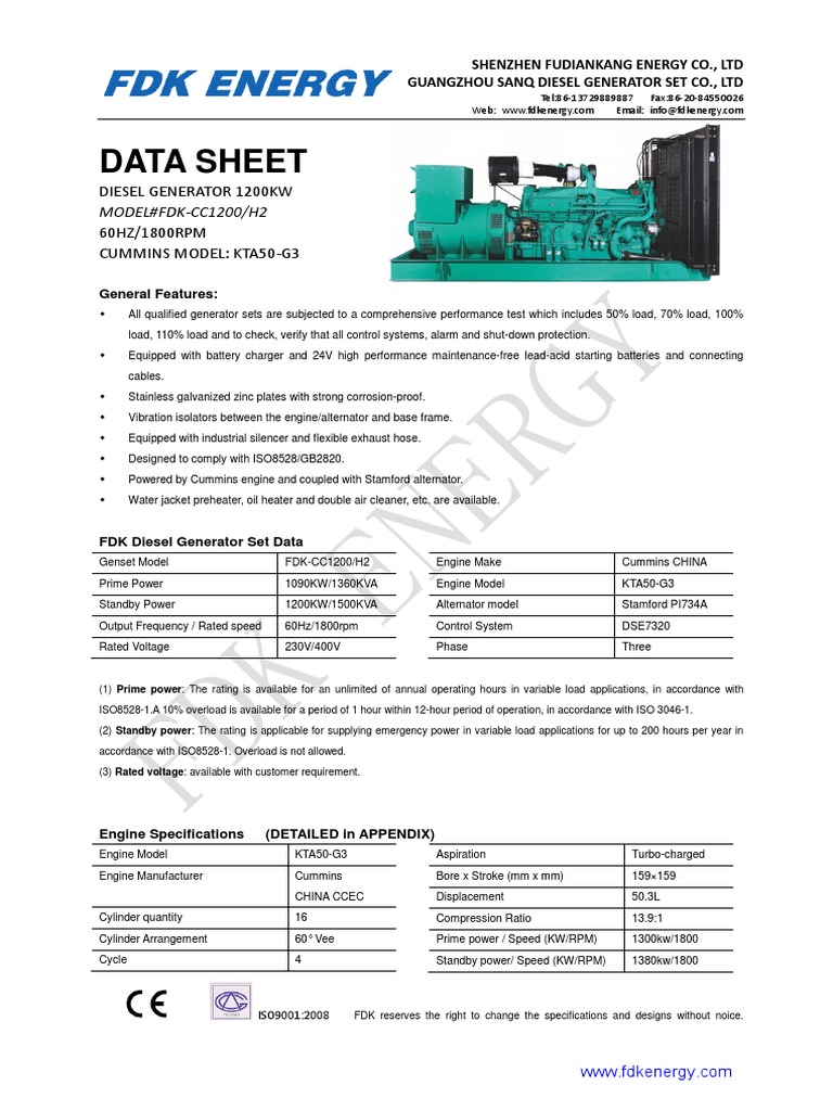 Data Sheet Motor GE 1600 kVA | PDF | Horsepower | Engines