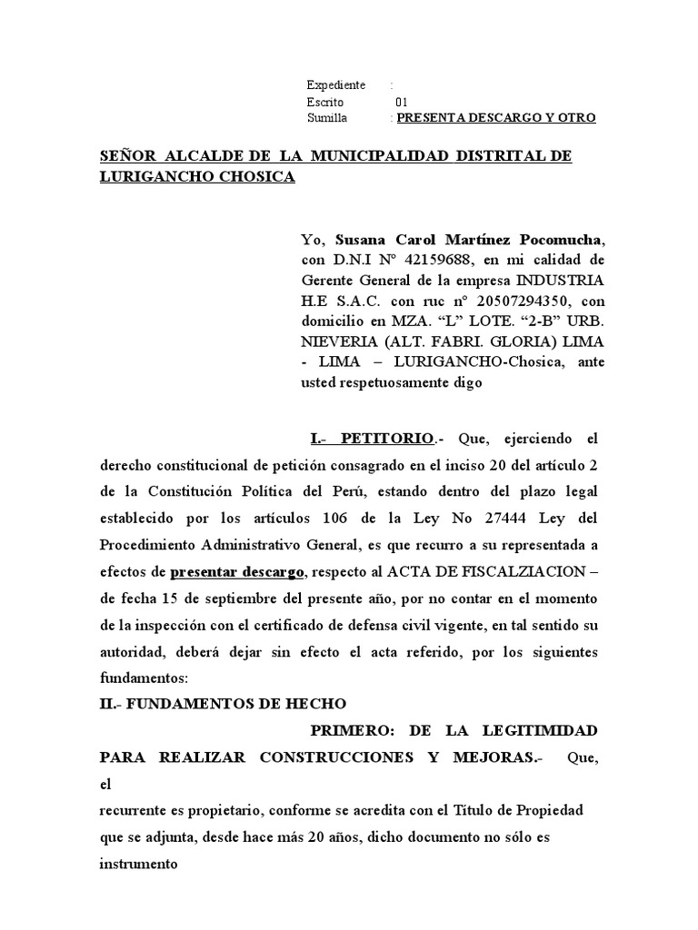 Modelo de Descargo | PDF | Propiedad | Perú