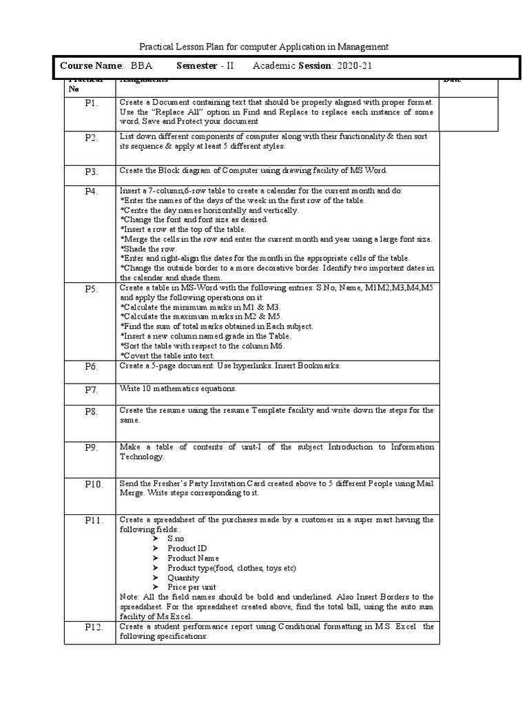 Practical Lesson Plan For Computer Application in Management | PDF ...