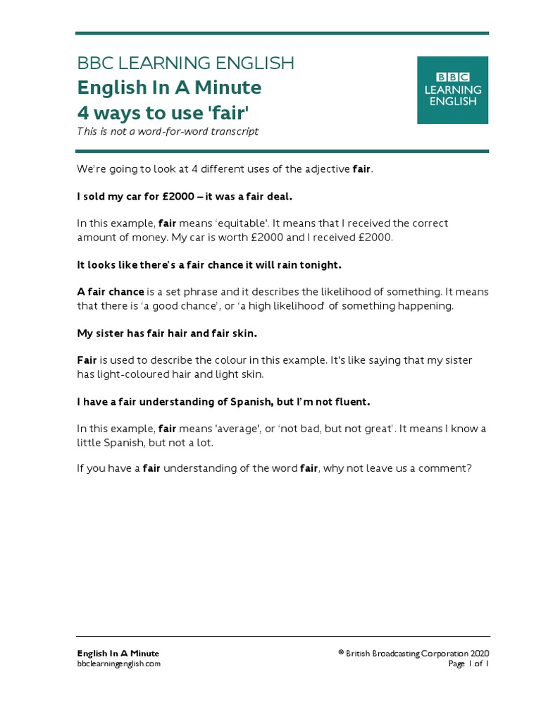 English in A Minute 4 Ways To Use 'Fair' | PDF