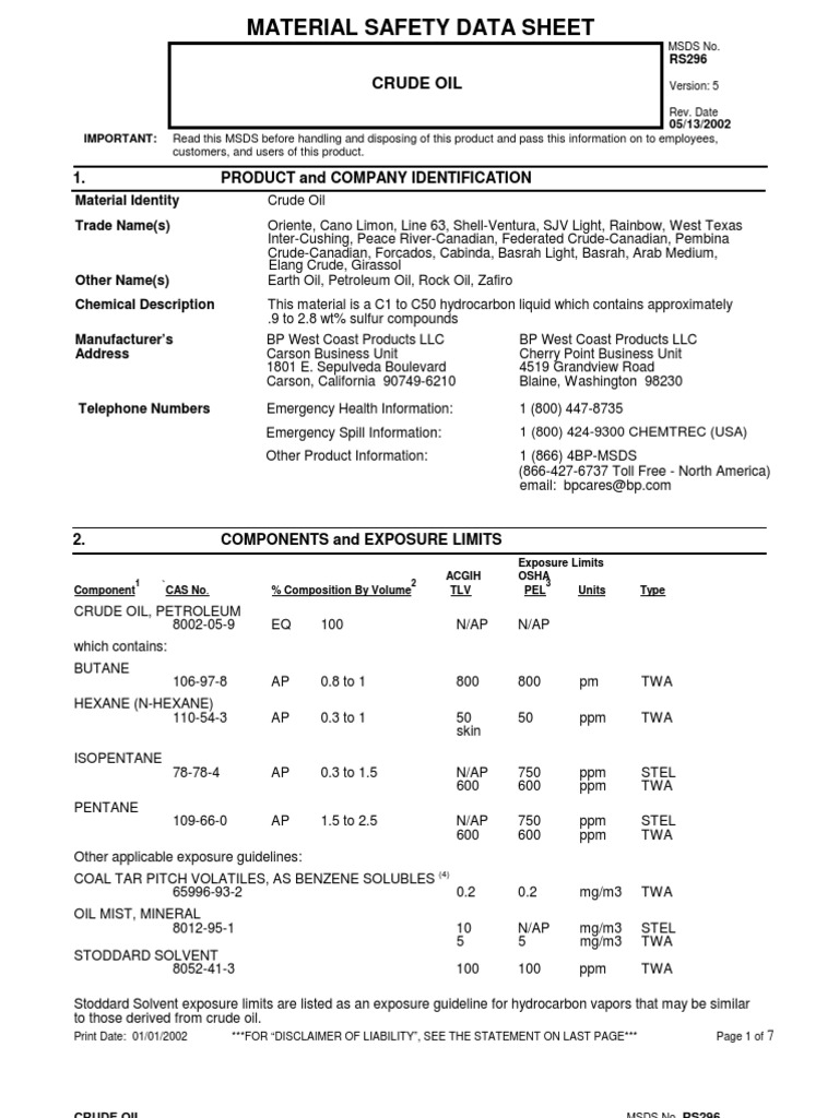 Msds Crude Oil | Superfund | Environmental Science