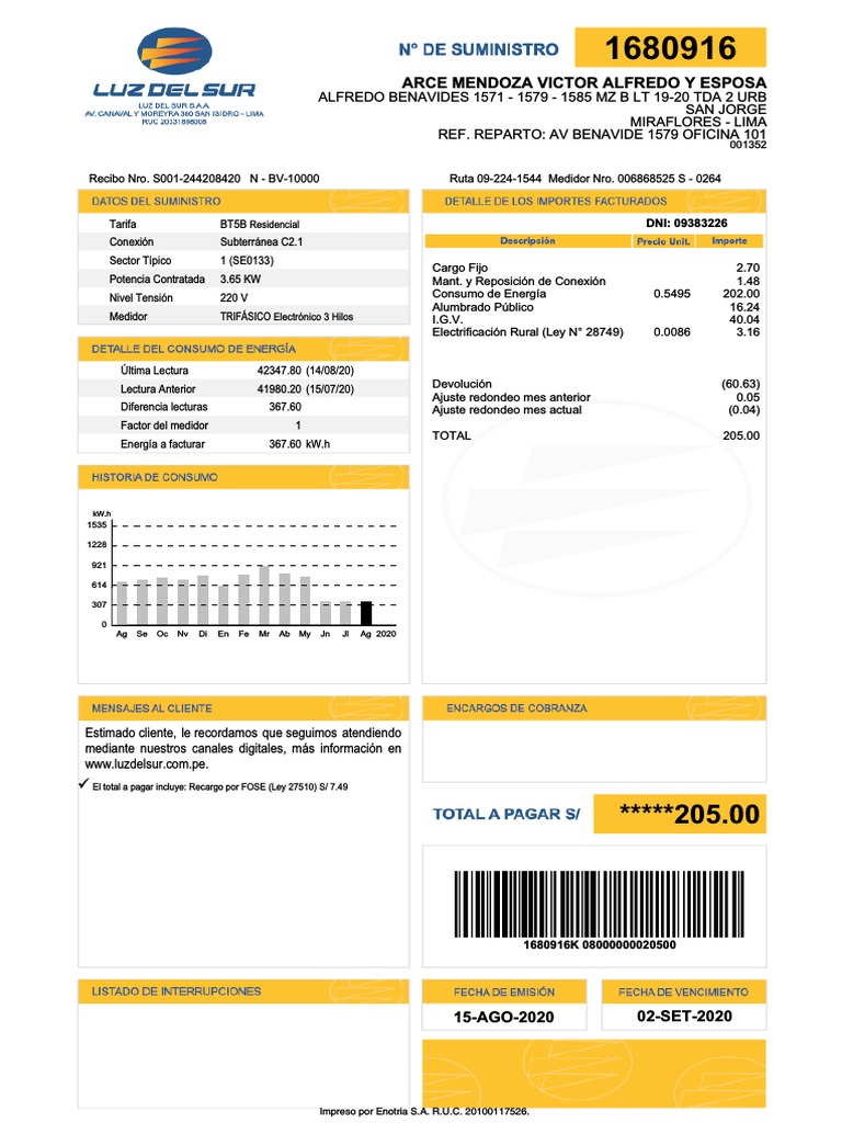 Recibo Luz Del Sur 1680916 Agosto | PDF | Energia electrica | Poder ...