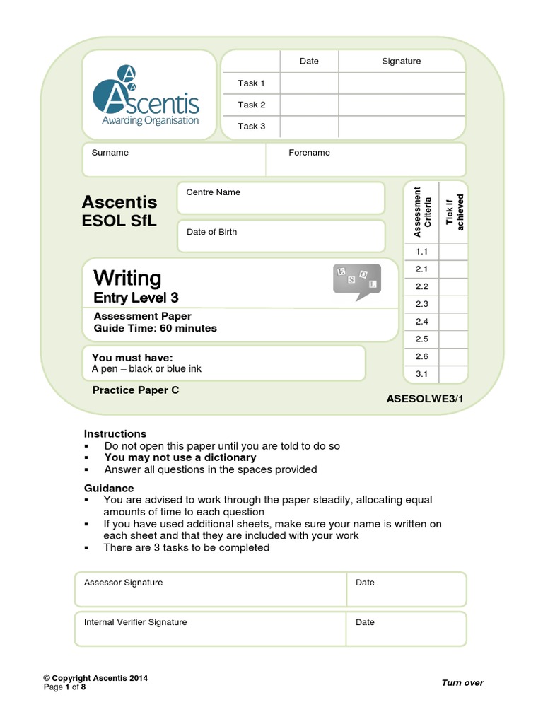 ESOL - Entry 3 - Writing Candidate Paper - Practice Paper C 3 | PDF ...