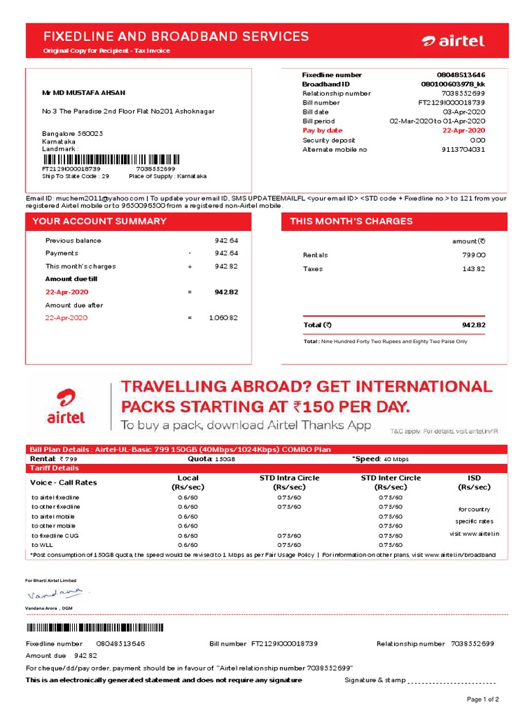 Telephone Bill April 2020 To Aug 2020 | PDF | Payments | Credit Card