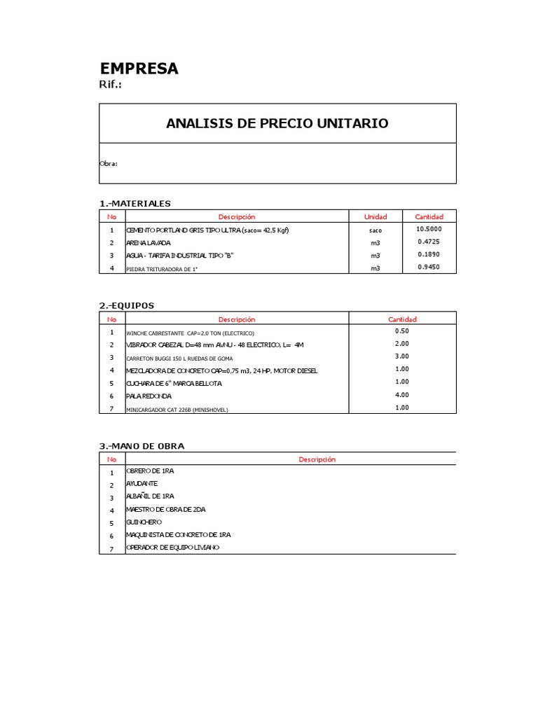 Formato APU | PDF | Hormigón | Materiales de construcción