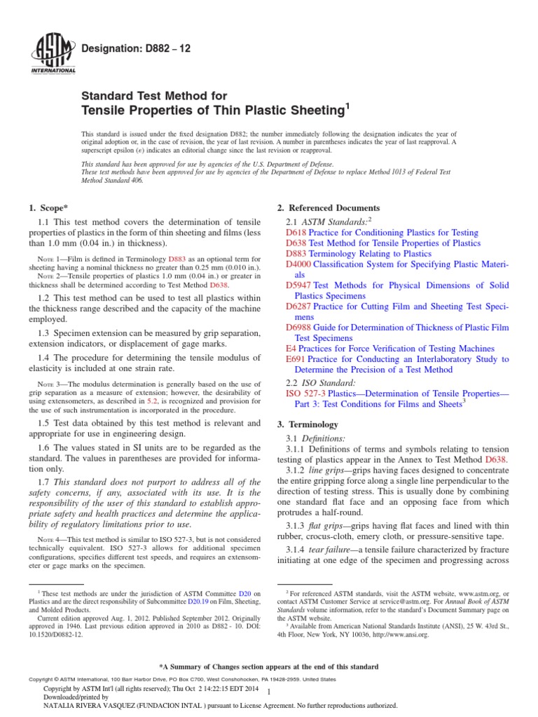 Astm D882-12 | PDF | Strength Of Materials | Young's Modulus
