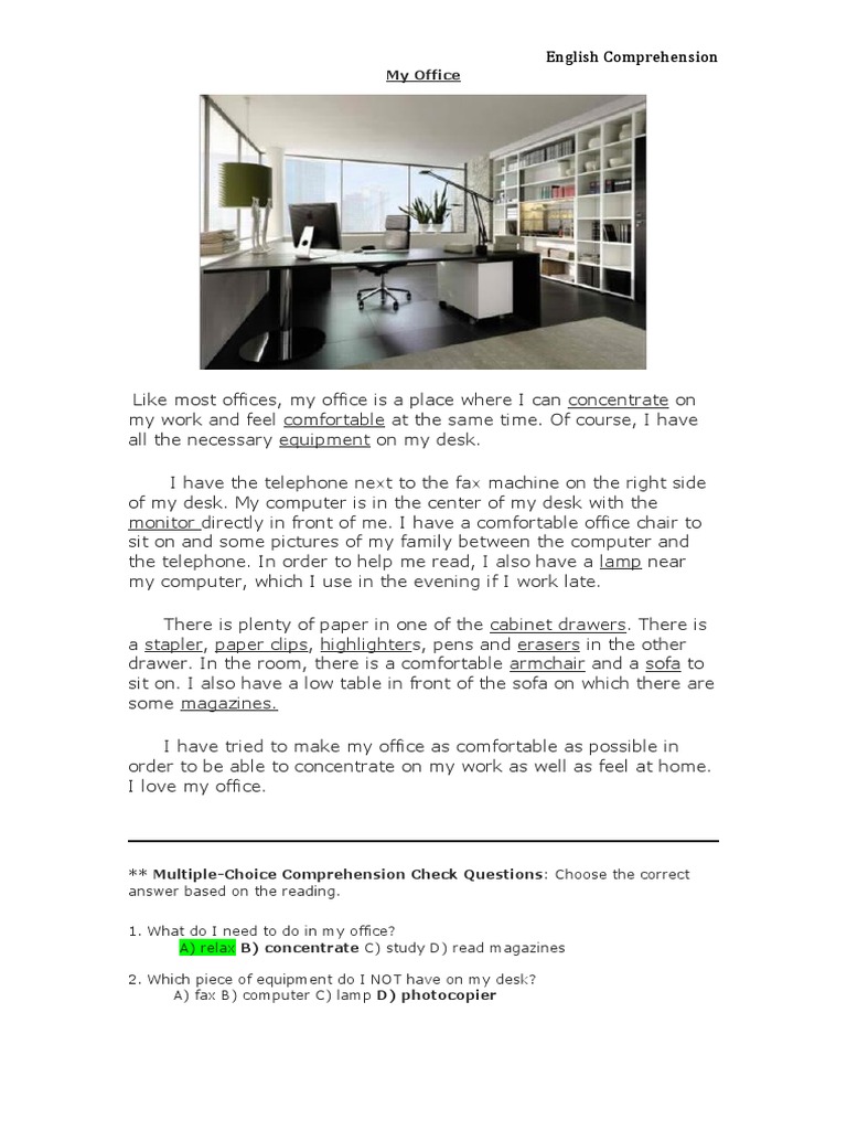 My Office-Reading Worksheet | PDF | Desk | Chair