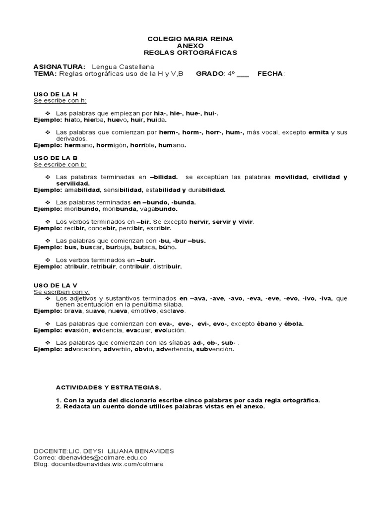 Reglas ortográficas de la H y V | PDF