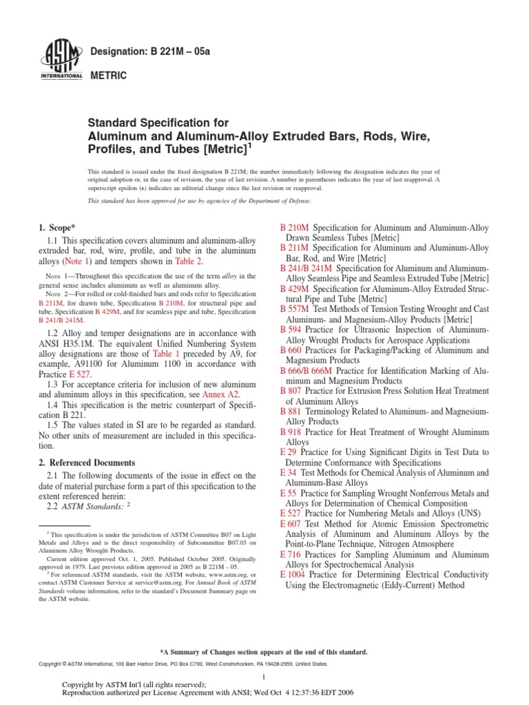 ASTM B221M - 05a V2006 Standard Specification For Aluminum and Aluminum ...