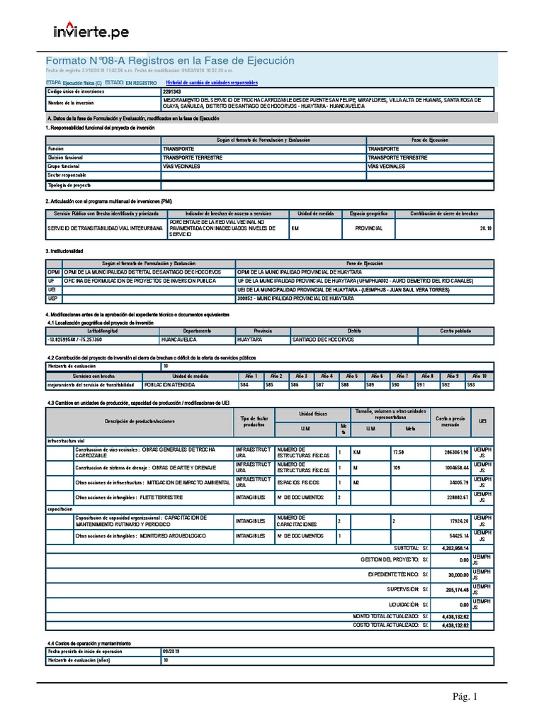 Registro de modificaciones a la información de un proyecto de inversión ...