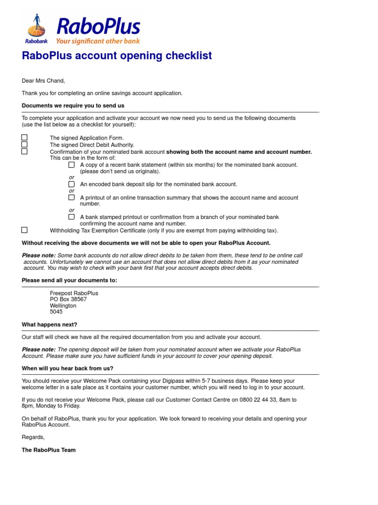 Raboplus Account Opening Checklist | Download Free PDF | Debit Card | Banks