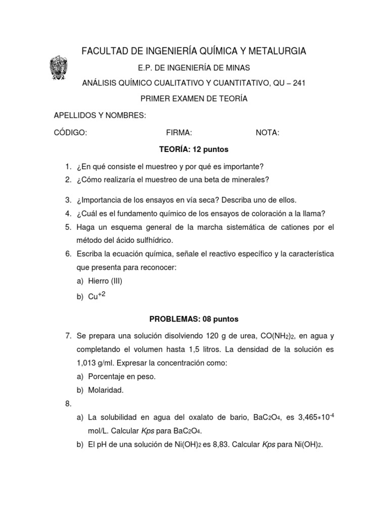 Examen 01 Quimica Analti | PDF | Métodos y materiales de enseñanza ...