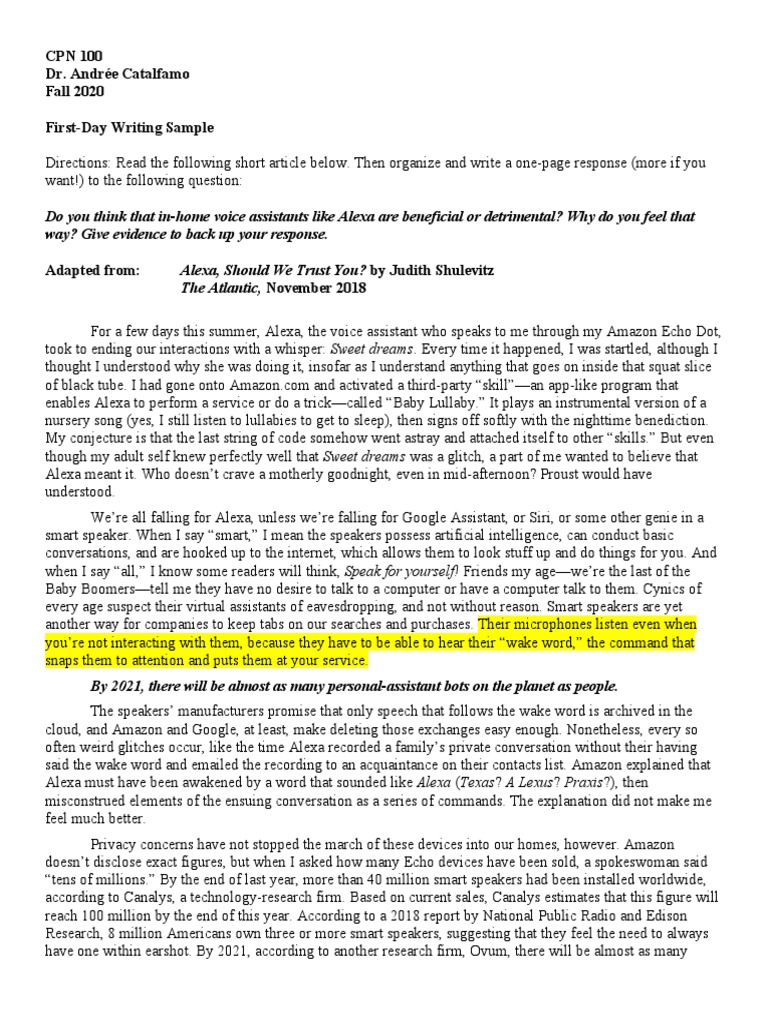 CPN 100 Dr. Andrée Catalfamo Fall 2020 First-Day Writing Sample | PDF ...