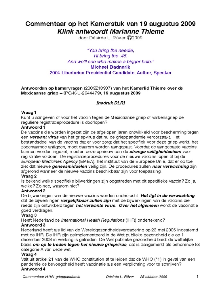 Kamervragen Vaccins Verplichting - Desiree Rover PDF | PDF