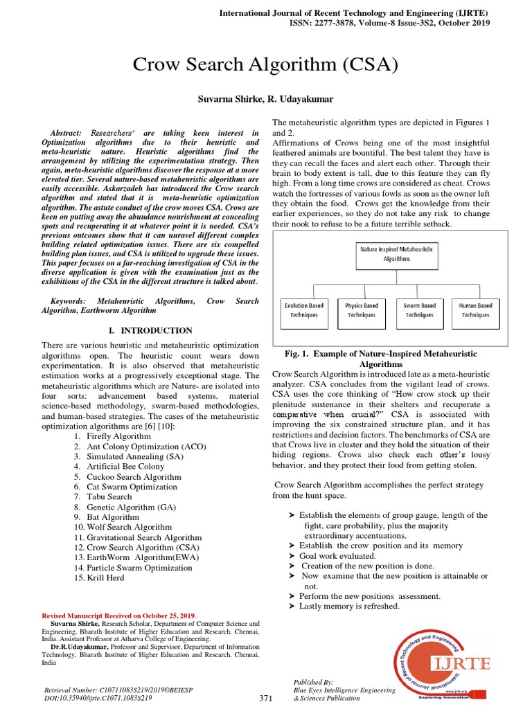 Crow Search Algorithm (CSA) : Suvarna Shirke, R. Udayakumar | PDF | Metaheuristic | Algorithms