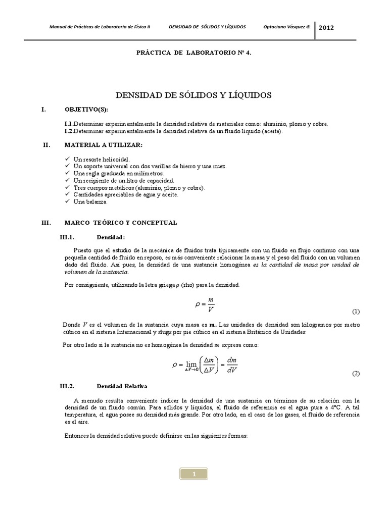 Densidad de Sólidos y Líquidos en Laboratorio | PDF | Densidad | Fuerza