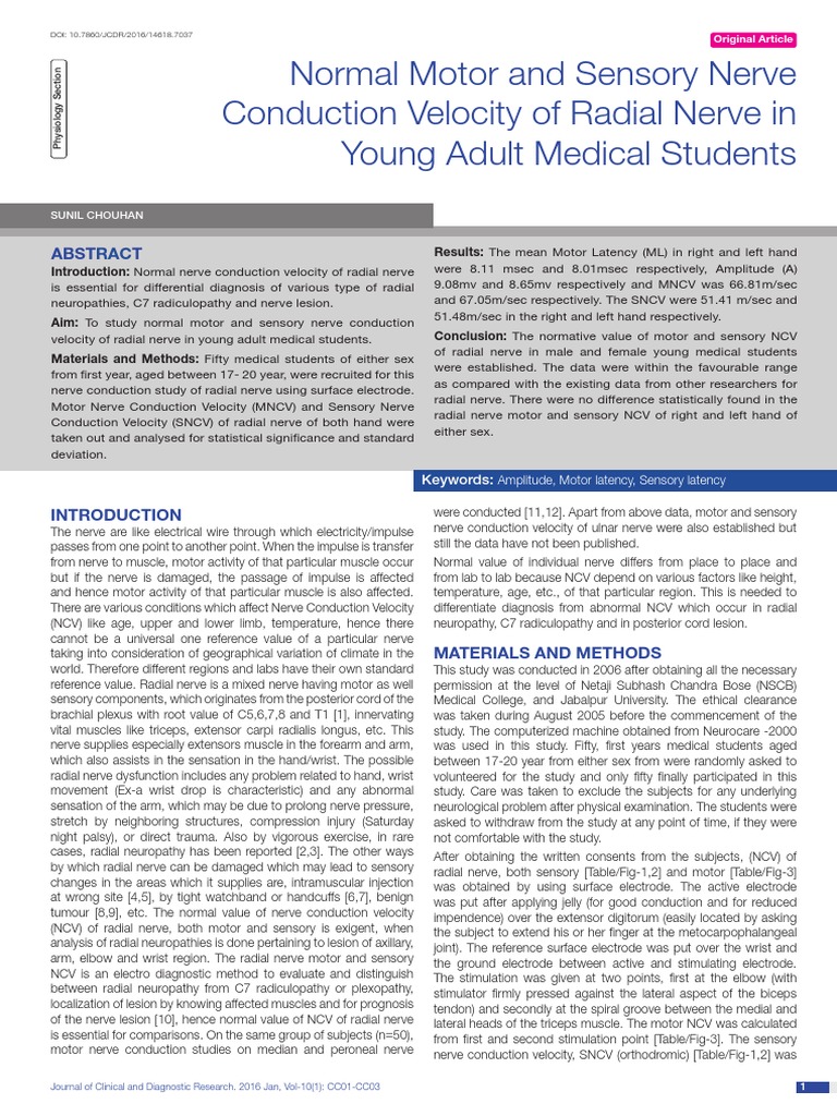 Normal Motor and Sensory Nerve Conduction Velocity | PDF | Human ...