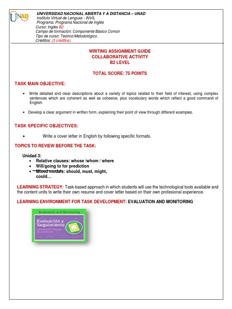 Writing Assignment Guide Collaborative Activity B2 Level Total Score: 75 Points Task Main ...
