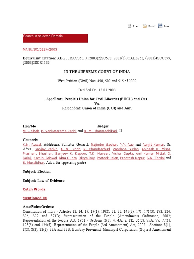 People's Union For Civil Liberties (PUCL) and Ors. vs. Union of India ...