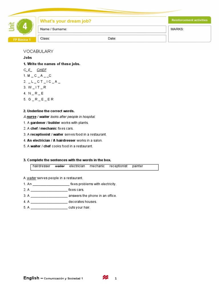 Reinforcement Activities Unit 4 (Word) 2018 | PDF | Lunch | Restaurant ...