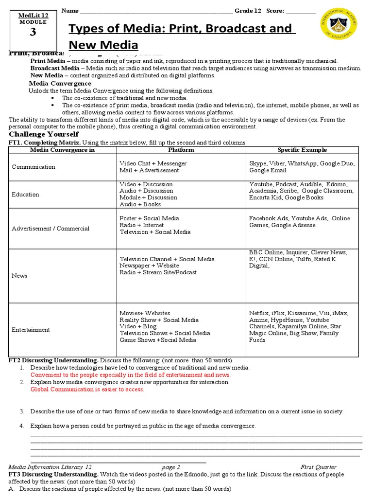 Types of Media: Print, Broadcast and New Media | PDF | Technological ...