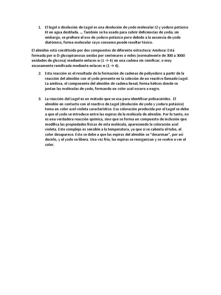 Función del Lugol con Almidón en Laboratorio | PDF