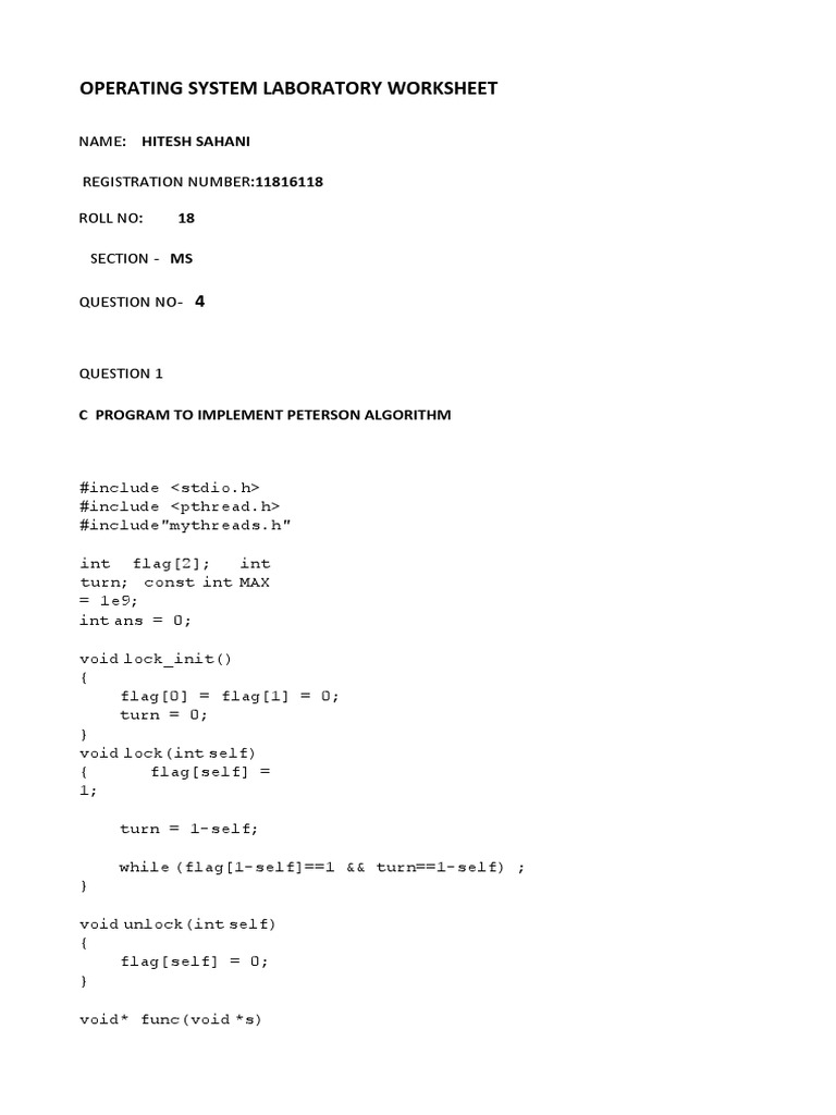 C Program for Peterson Algorithm | PDF | Synchronization | Software ...