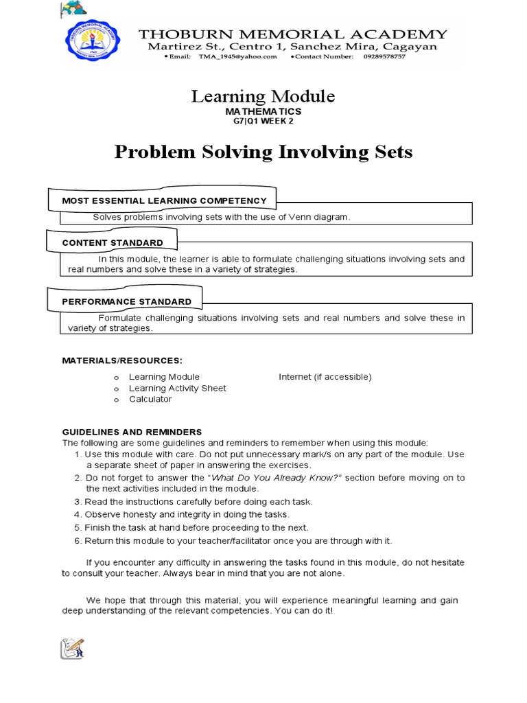 Problem Solving Involving Sets: Learning Module | PDF | Learning | Teaching
