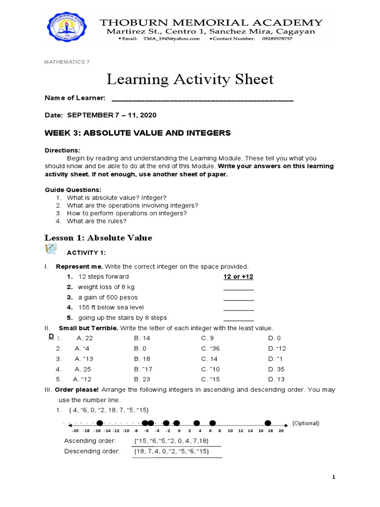 G7 Q1 W3 Activity Sheet | PDF | Numbers | Teaching Mathematics