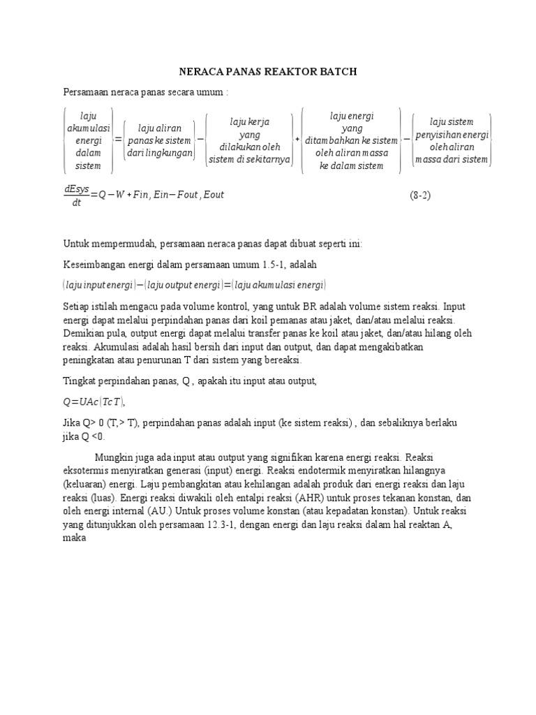 Neraca Panas Reaktor Batch | PDF