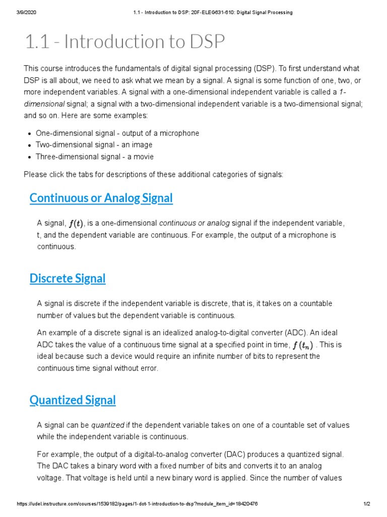 1.1 - Introduction To DSP - 20F-ELEG631-610 - Digital Signal Processing | PDF | Digital Signal ...