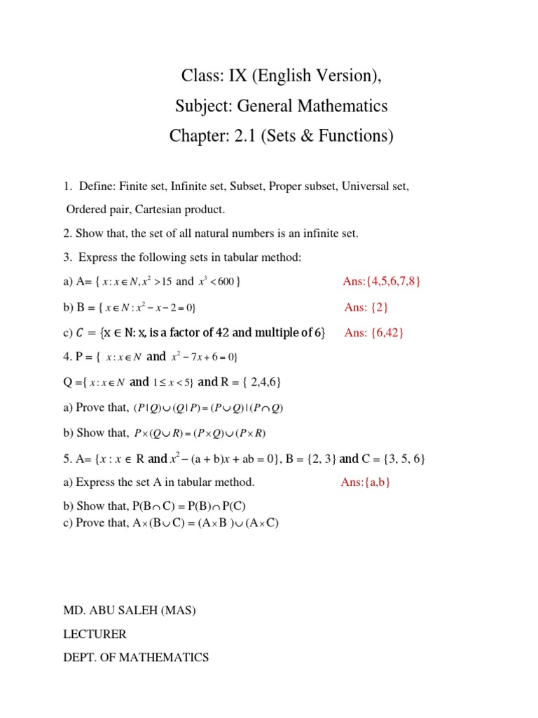 Sets and Functions for Class IX Math | PDF