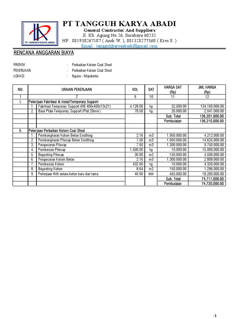 02, RAB Perbaikan Kolom Coal Shed - R01 | PDF | Teknologi & Rekayasa