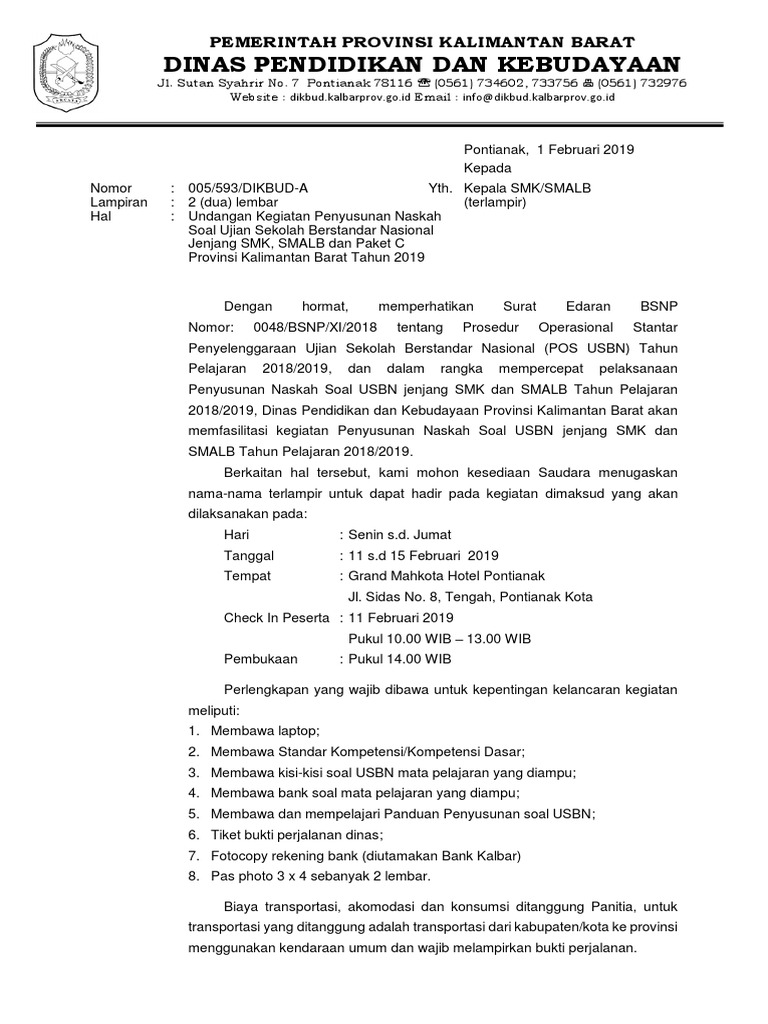 Surat Undangan Penyusunan Naskah Soal Usbn SMK 2019 | PDF