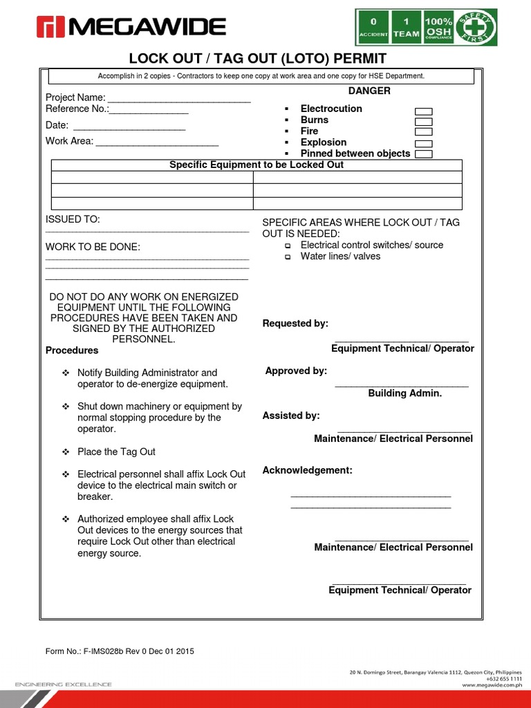F-IMS028b Rev 0 - Lock Out Tag Out (LOTO) Permit PDF | PDF | Safety | Energy And Resource