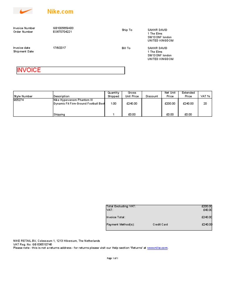 David's Nike Invoice for a Pair of Hypervenom Phantom III Football ...