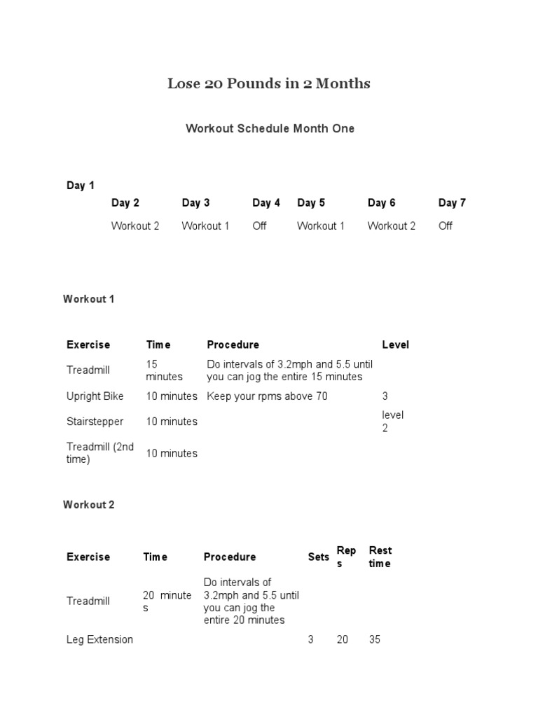 Lose 20 Pounds in 2 Months: Workout Schedule Month One | PDF | Physical ...