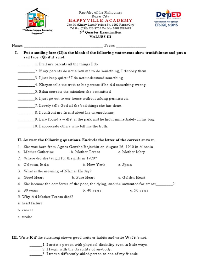 Grade 3 Values 3rd Quarter | PDF | Mother Teresa