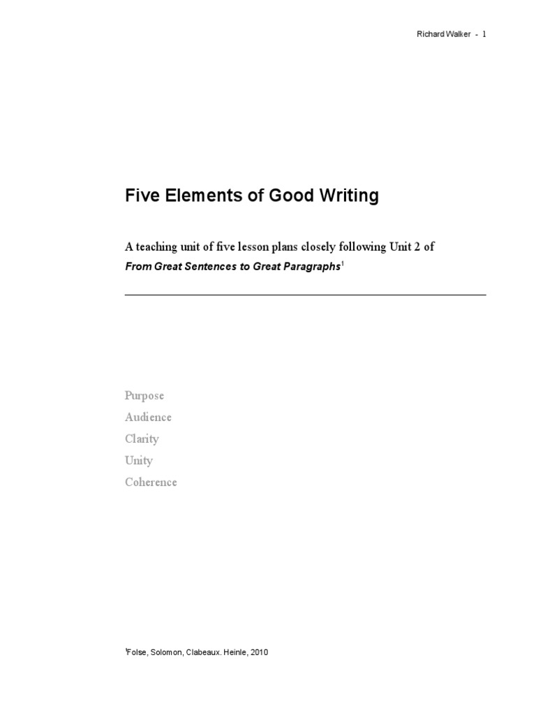 Five Elements of Good Writing: A Teaching Unit of Five Lesson Plans ...