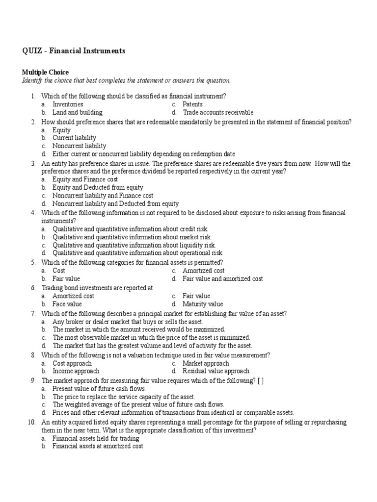 QUIZ - Financial Instruments: Multiple Choice | PDF | Historical Cost ...