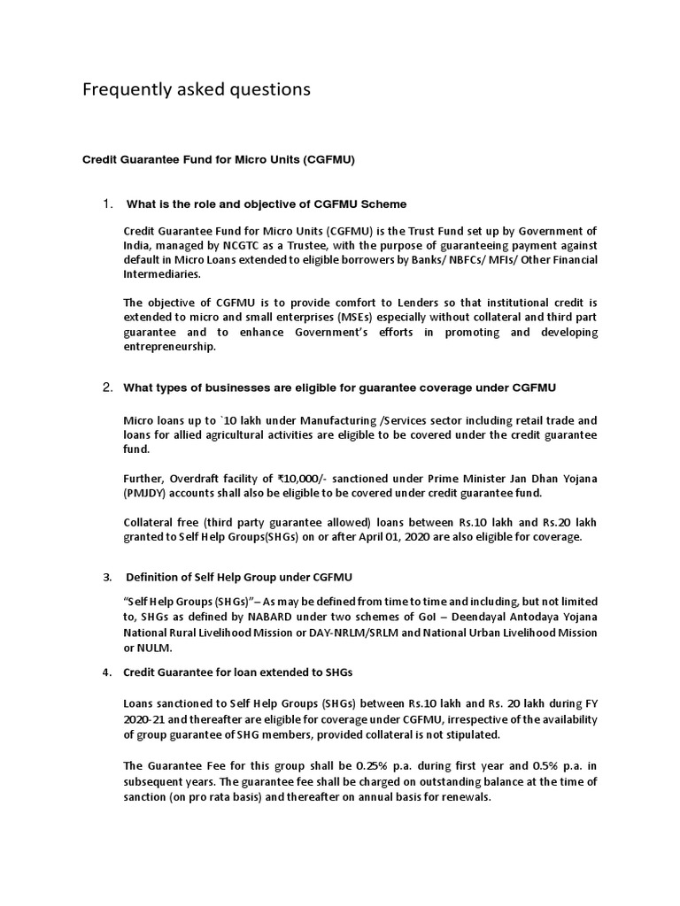 Frequently Asked Questions: Credit Guarantee Fund For Micro Units ...