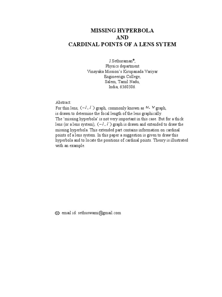 Missing Hyperbola AND Cardinal Points of A Lens Sytem | PDF ...