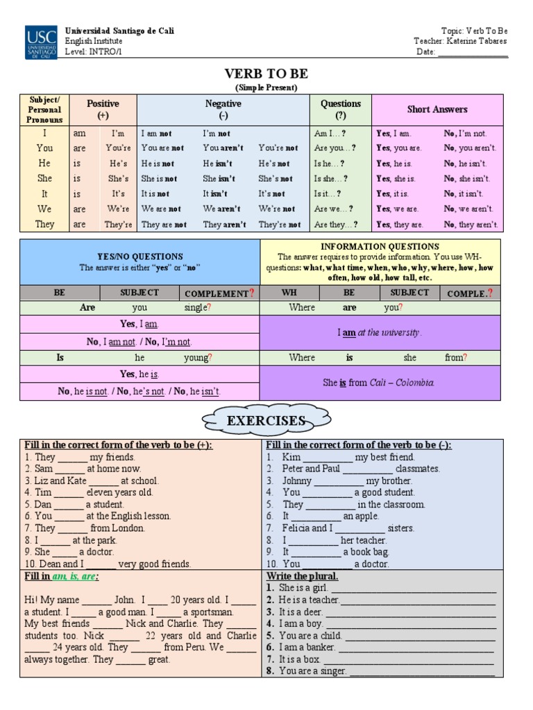 Verb To Be: Positive (+) Negative (-) Questions (?) Short Answers | PDF ...