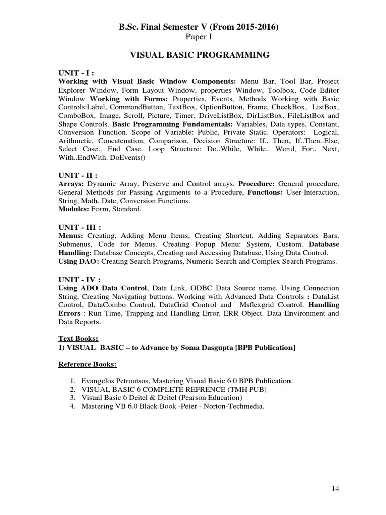 BSC Sem 5 Paper I VB Syllubus | PDF | Menu (Computing) | Databases