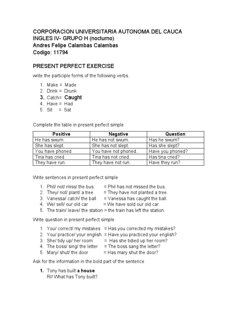 Present Perfect Exercise | PDF | Language Mechanics | Linguistics