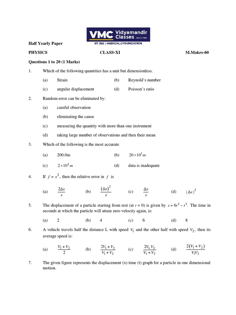 Half Yearly Paper Physics Class-Xi M.Makrs-60 Questions 1 To 20 (1 ...