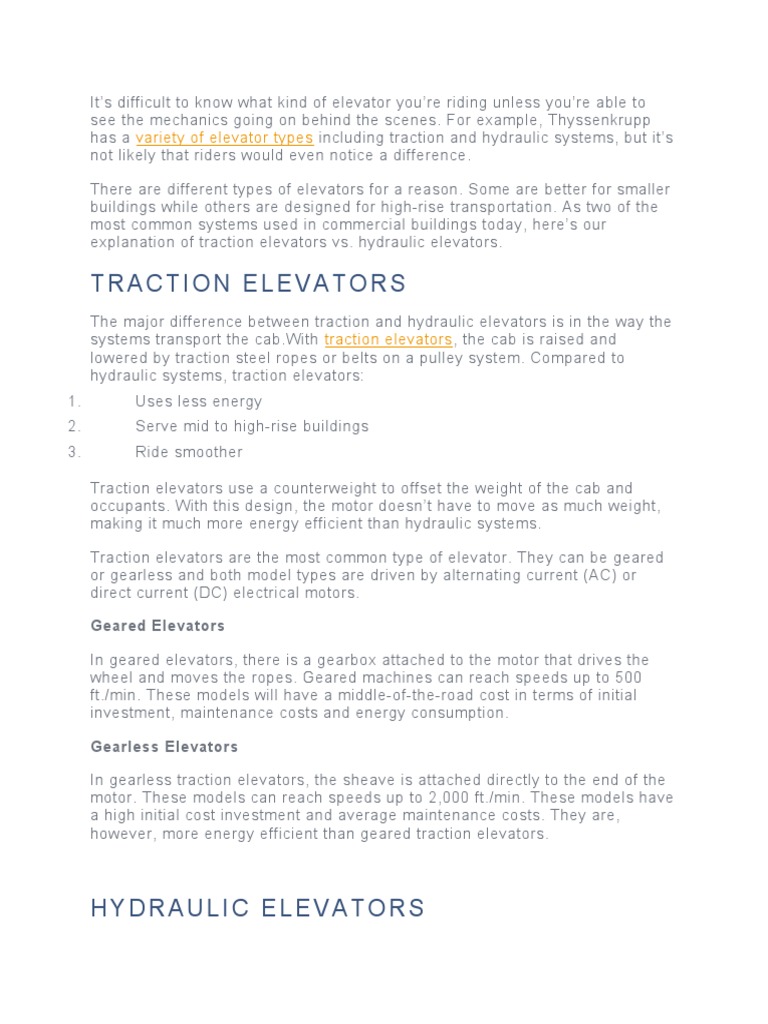 Traction Elevators: Variety of Elevator Types | PDF | Elevator ...