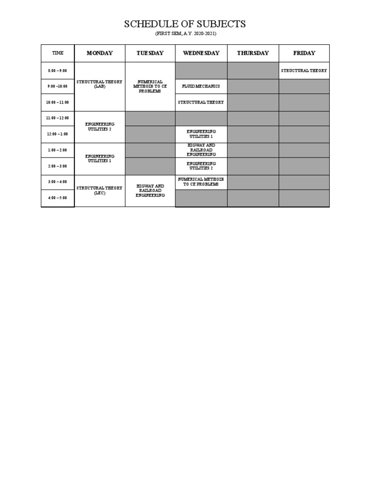 Schedule of Subjects: Monday Tuesday Wednesday Thursday Friday | PDF