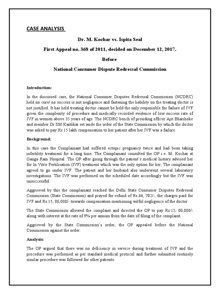NCDRC rules no cure/no success not negligence in IVF case | PDF | In ...
